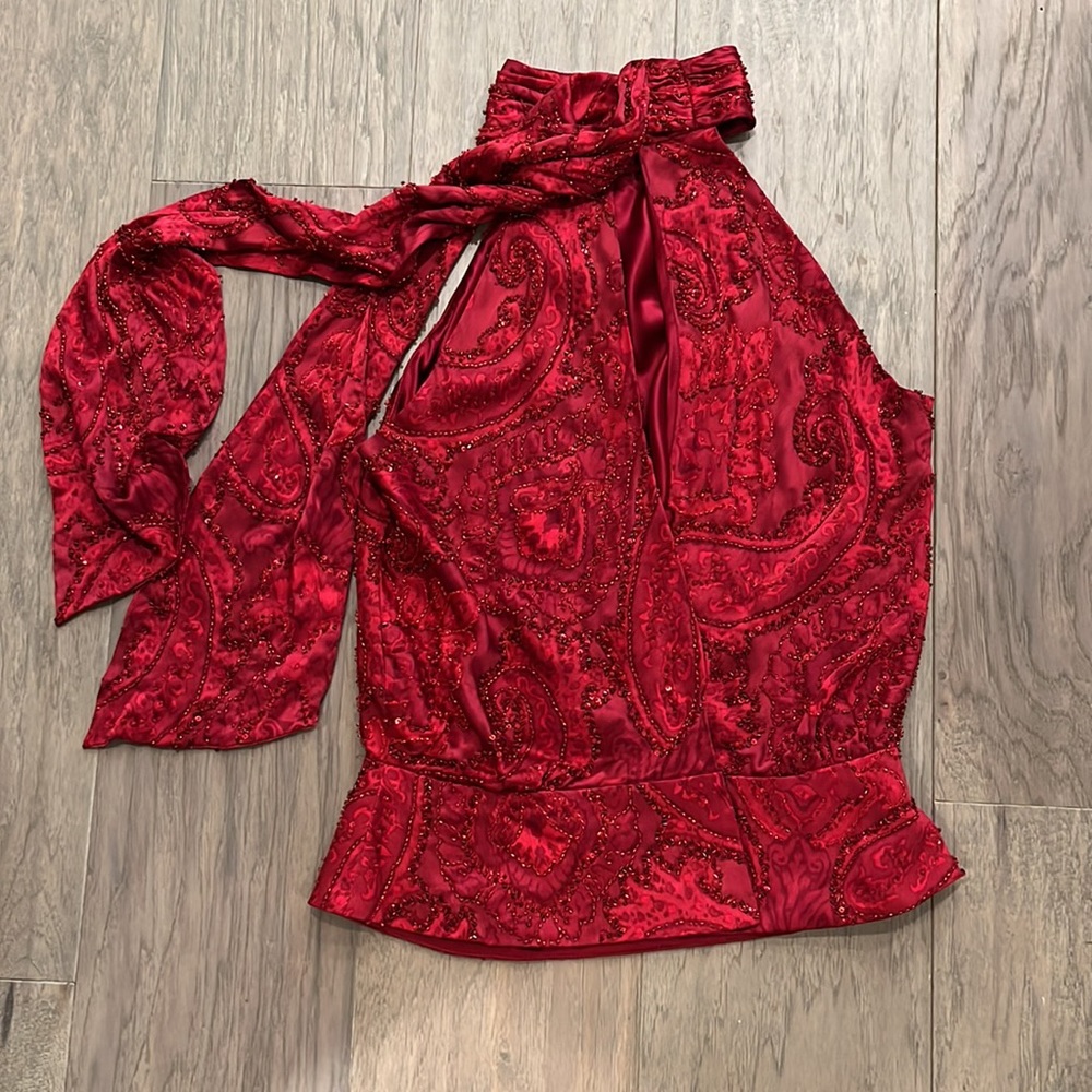 Red/Burgundy Beaded High Neck Backless Halter Top. Si… - Gem